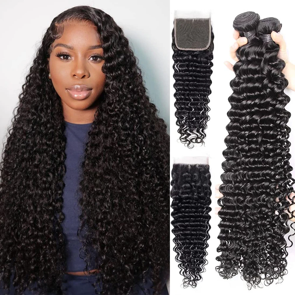 Deep Wave Human Hair 3/4 Bundles With Frontal Brazilian Hair Weave ...