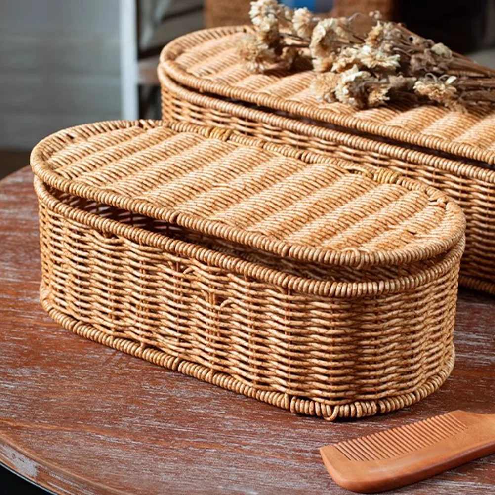 Storage Bins Lids Rattan Box Sundry Container Desktop Woven Basket ...