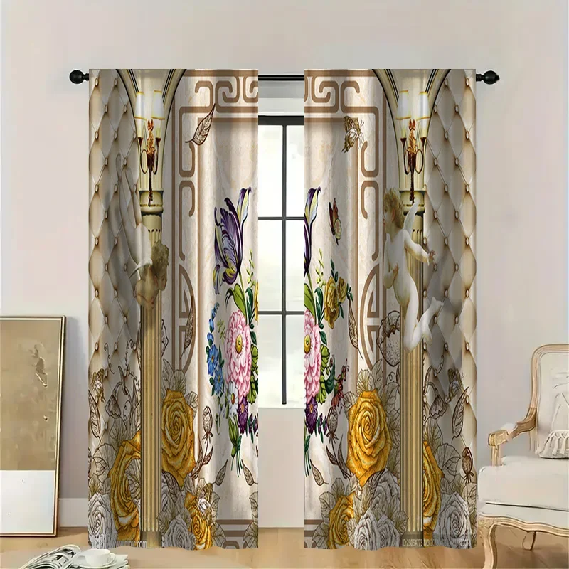2pcs Golden Greek Key Curtains with Rod Pocket, Lavender Pink Floral ...