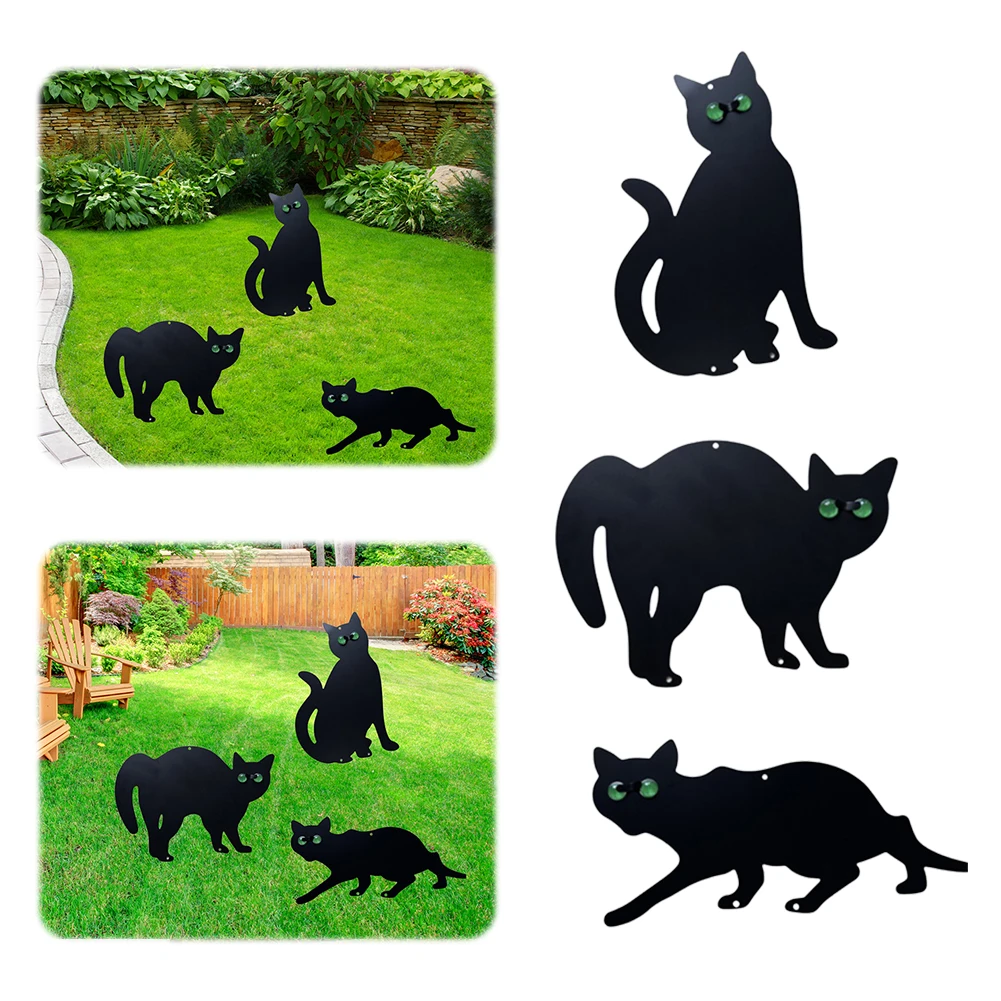 3Pcs Black Cat Metal Garden Stakes with Reflective Eyes Cat Silhouette ...