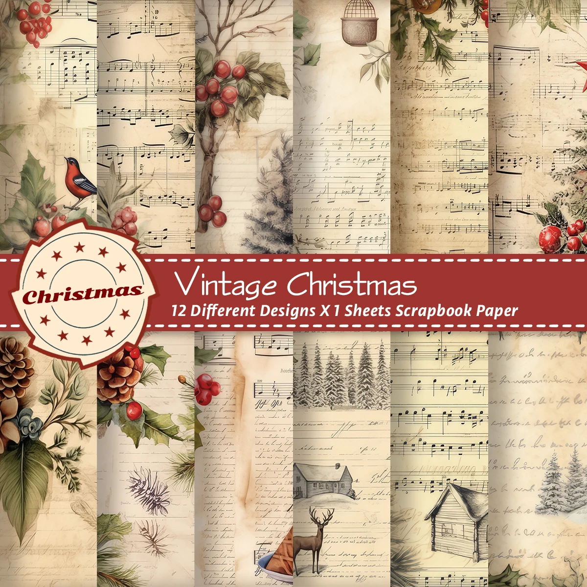 12pcs Vintage Christmas Theme Scrapbook Paper Set,Christmas Santa ...