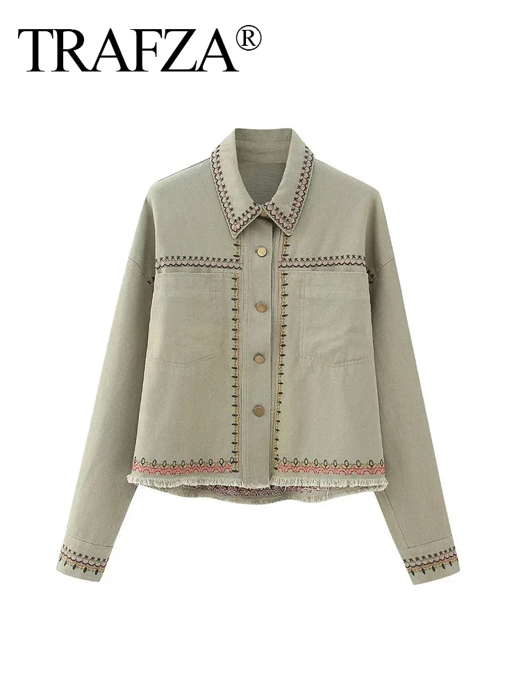 TRAFZA casacos curtos bordados femininos, gola lapela, mangas compridas, jaqueta de peito único ...