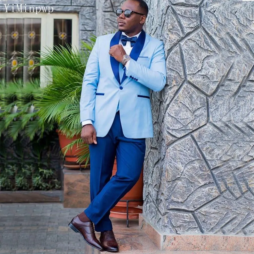 Light Blue Men Suits 3 Pieces Groom Wedding Suit Shawl Lapel One Button ...