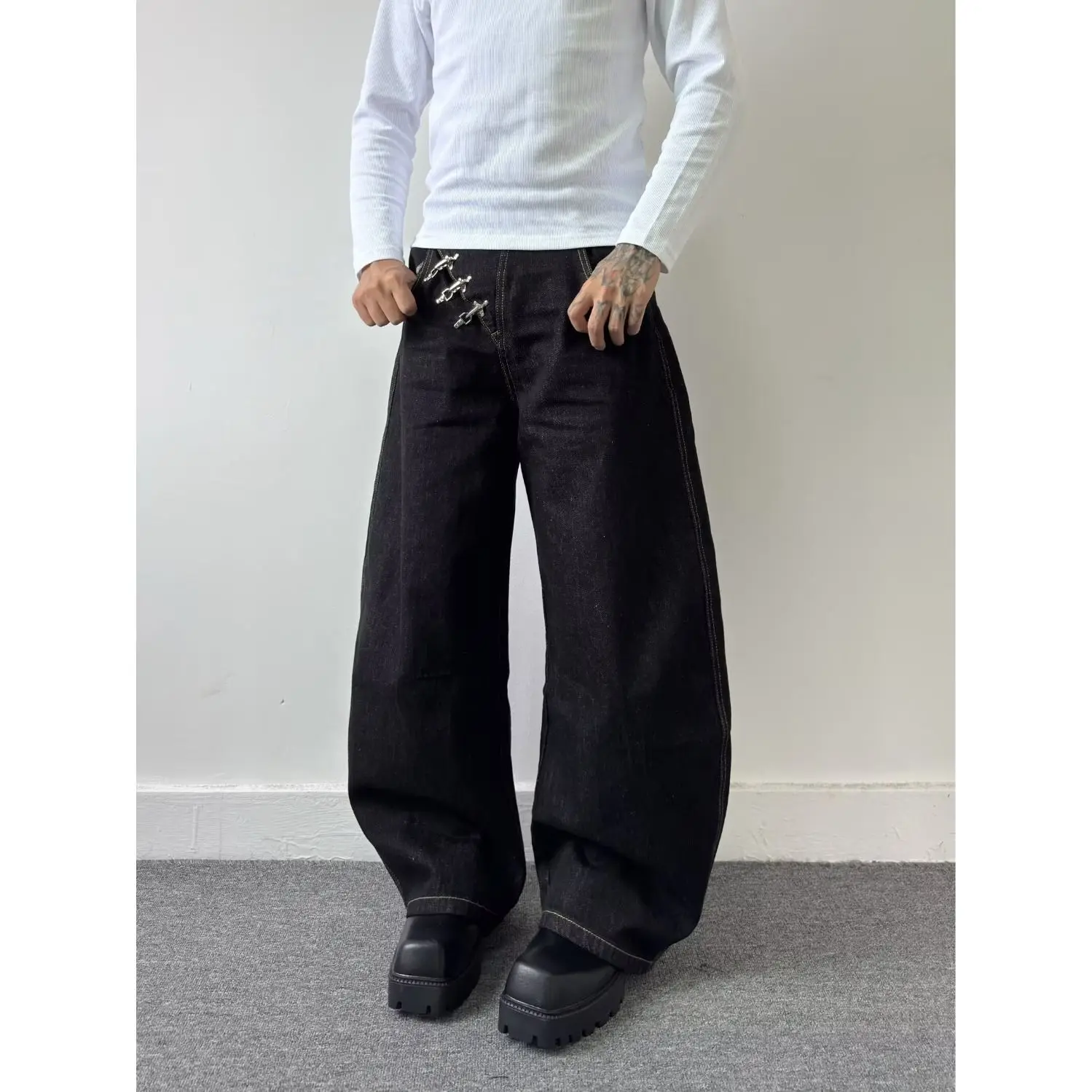 Men's Oblique Metal Buckle Design Casual Jeans Boy High Waist Solid ...