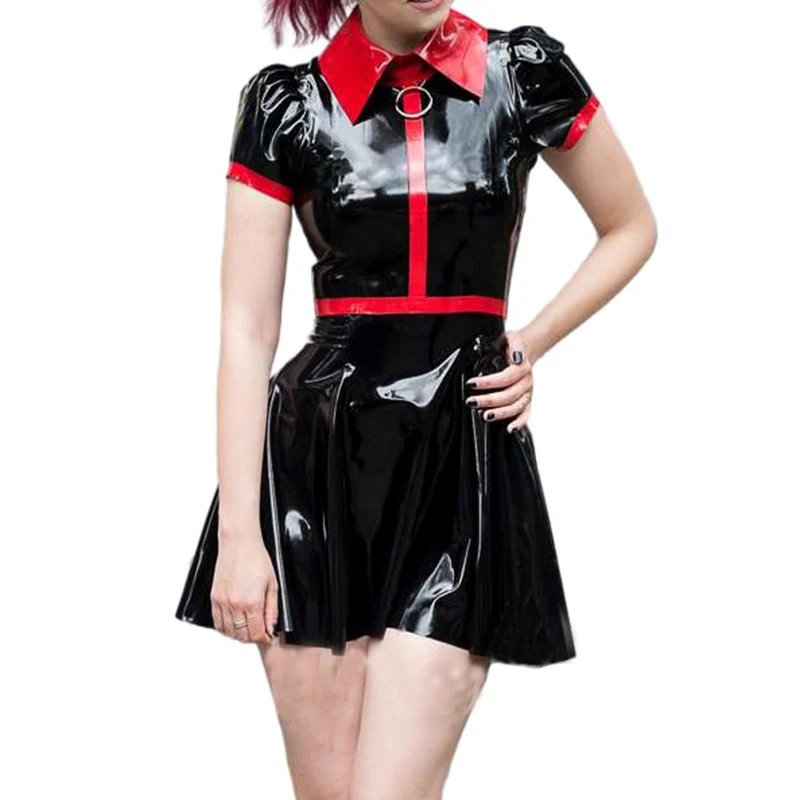 Wet-Look-PVC-Patchwork-Turn-down-Neck-Women-Slim-Fit-A-line-Dress-Faux ...