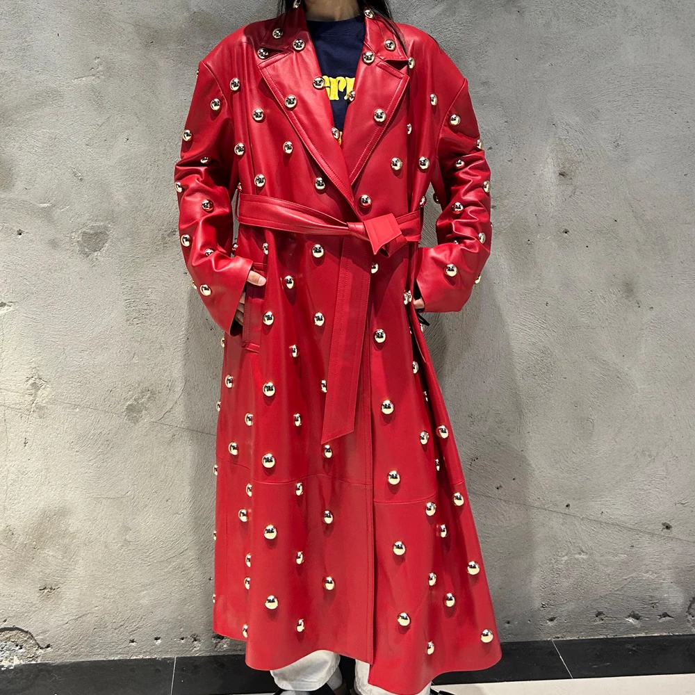 Rivet Long Leather Coat Red Fashion Long Coat Women New Design Autumn ...