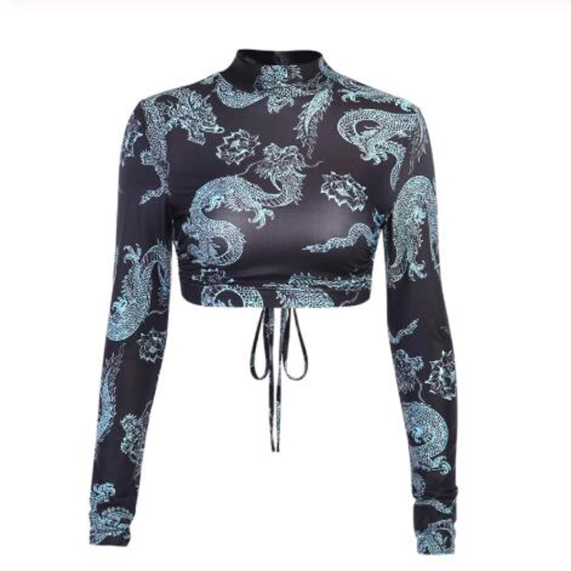 Cyber Y2k Dragon Printed Long Sleeves Cropped Top T-shirt Backless Lace ...