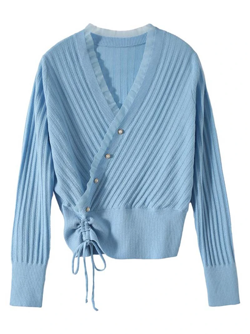 full sleeve knitted sweaters women spring elegant blue knitwear women lace up knitting tops ...
