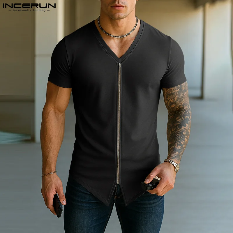 INCERUN Men T Shirt Solid Color V Neck Short Sleeve Zipper Casual Tee ...