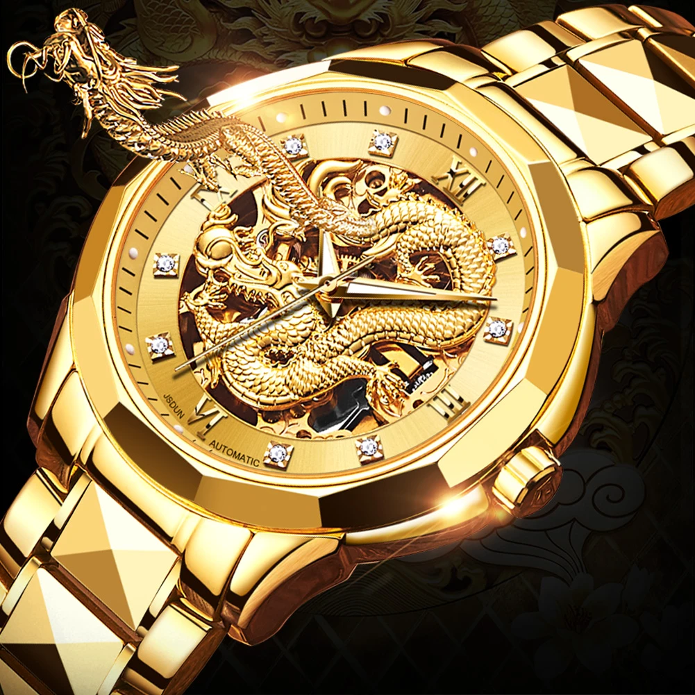 JSDUN Golden Dragon Automatic Mechanical Watches for Men Luxury Brand ...