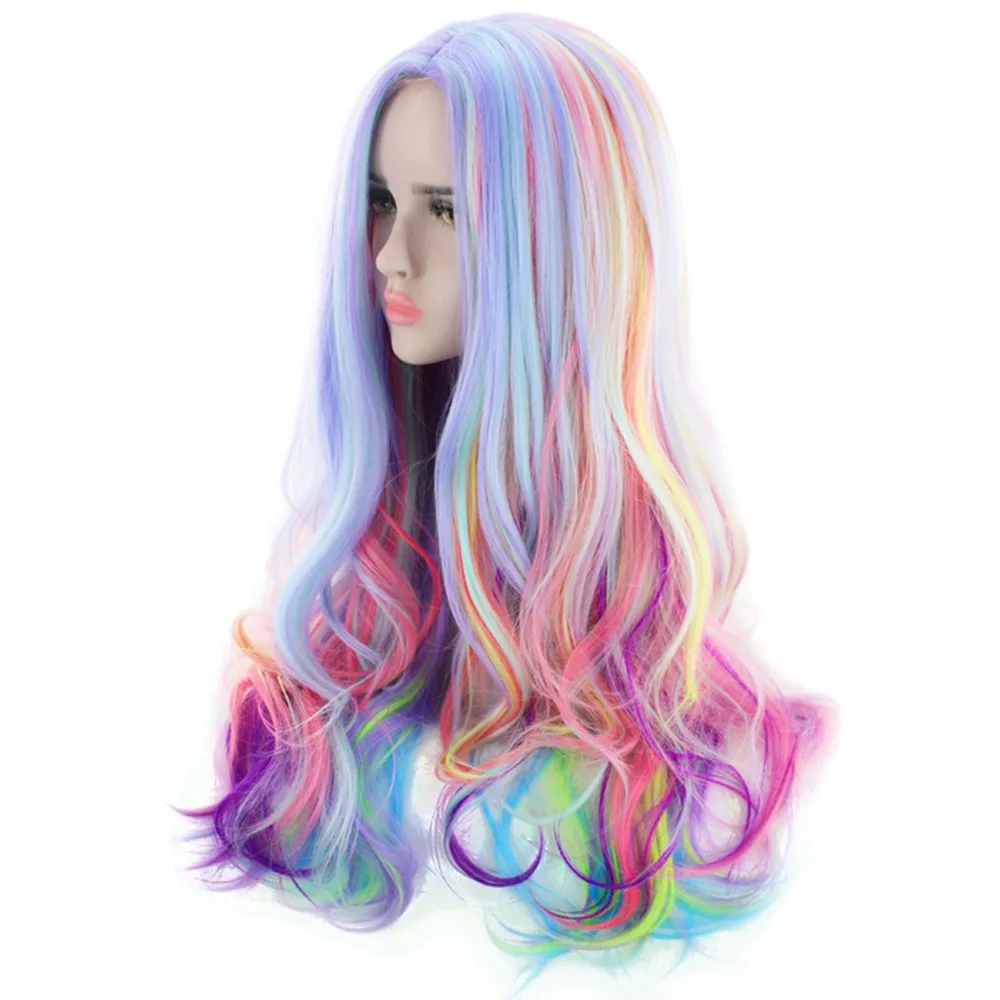 Full Long Curly Wavy Rainbow Hair Wig, Heat Resistant Wig for Music ...