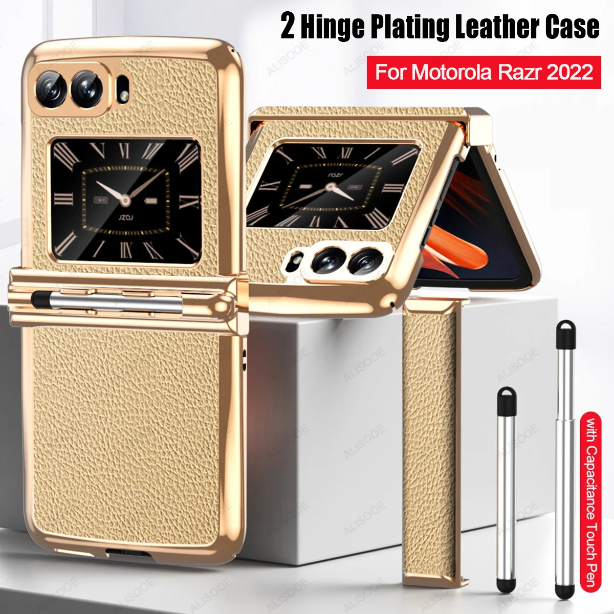 For Motorola Moto Razr 2022 Case Dual Hinge Pen Slot Plating Leather ...