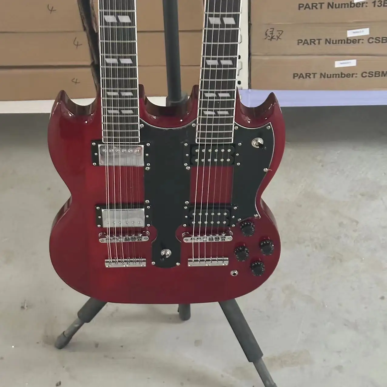 Gis-Red-Double-Neck-Electric-Guitar-12-6s-Chrome-Parts-Free-Shipping ...