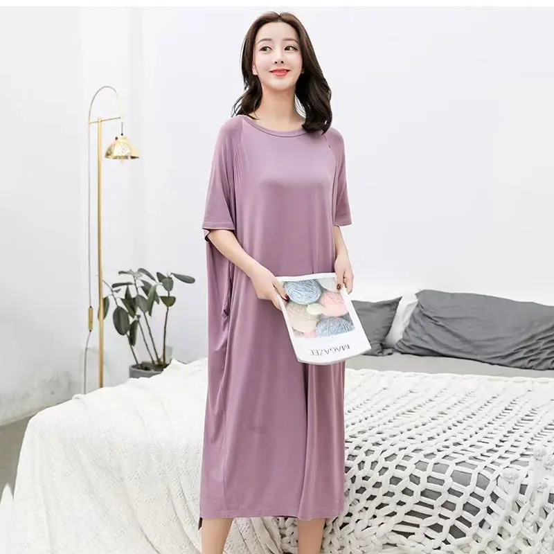Women Short Sleeve Homewear Casual Loose Sleep Dress Solid Color Round ...