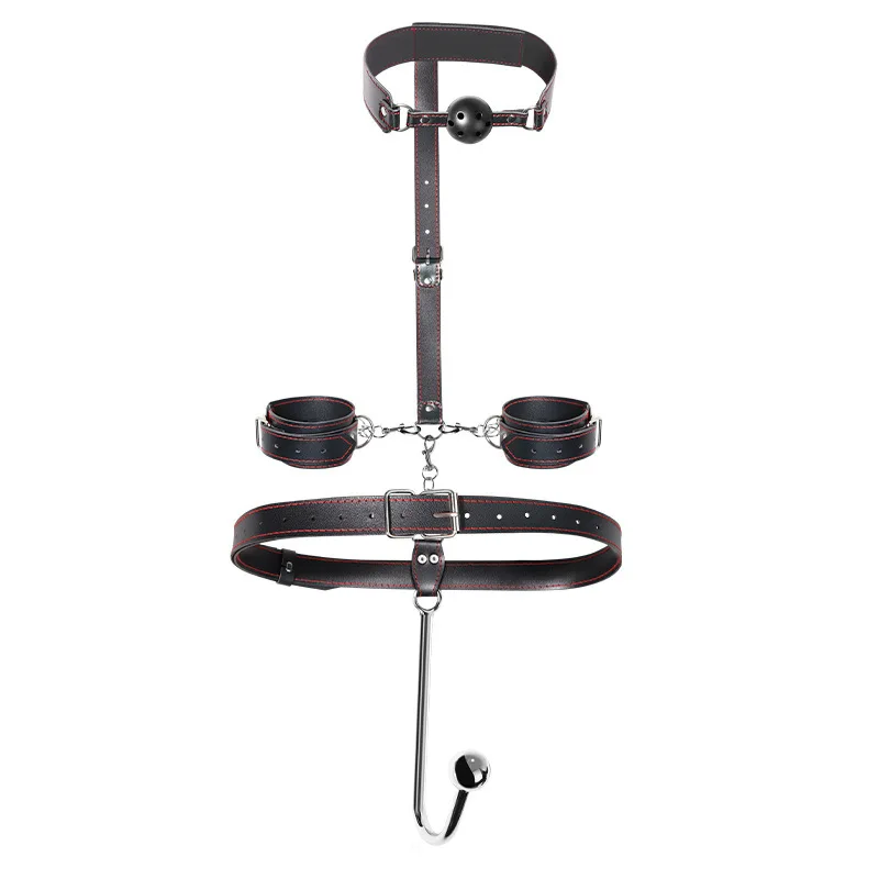 Behind The Back Handcuff Mouth Harness Restraints With Metal Anal Hook ...
