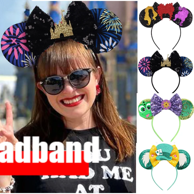 2025 Disney Castle Fireworks Mouse Ears Headband Sequins Bow Hairband ...