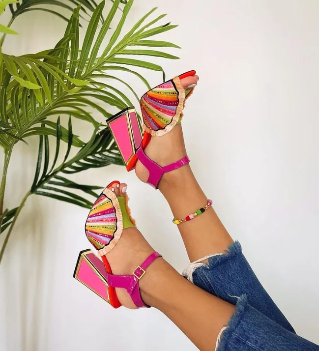 Bright Mixed Color Embroidered Fan-style to the Sides Block Framed Heel ...