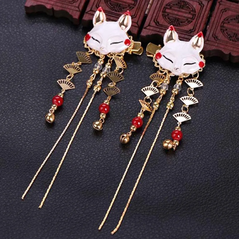 Japanese Style Hair Stick with Fox Figure Metal Tassels Cosplay Hair ...