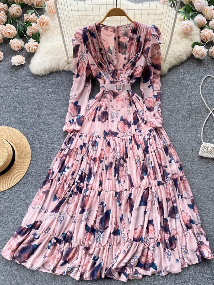 New-Autumn-Fashion-Runway-Pink-Flower-Chiffon-Long-Dress-Women-V-Neck ...