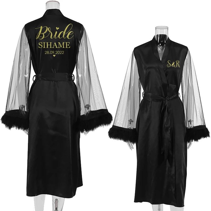 Customize Logo Wedding Long Robe Feather Bride Bridesmaid Bathrobe Sexy ...