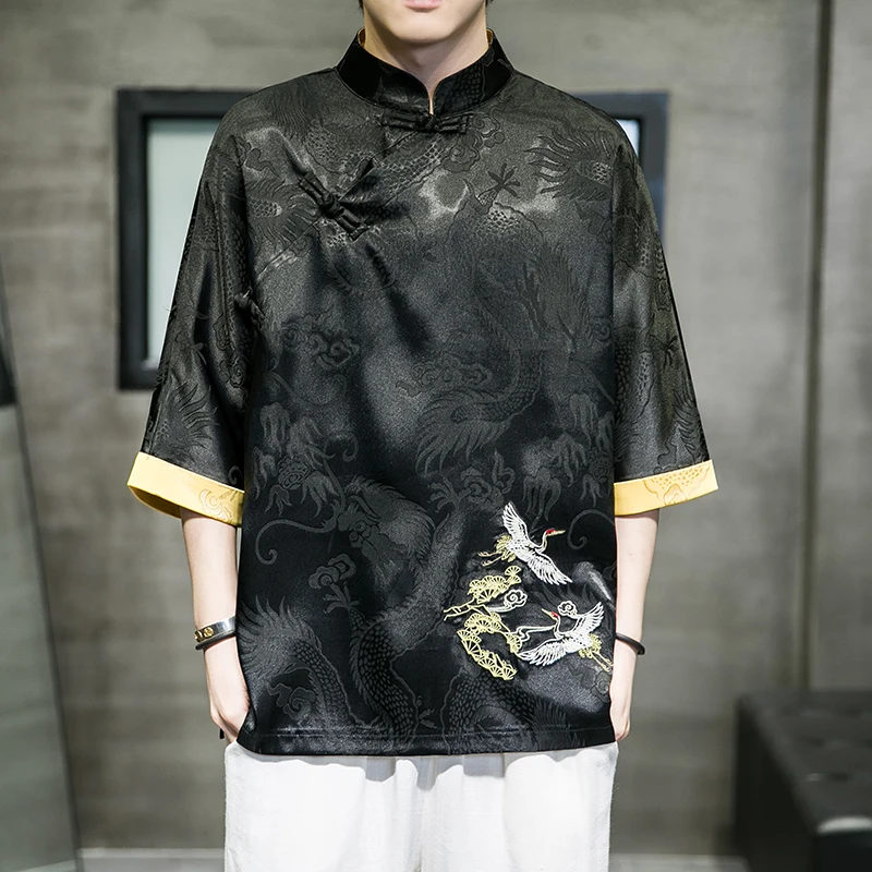 Neck-Blouse-Chinese-Embroidery-Luxury-Black-Silk-T-Shirts-For-Mens ...
