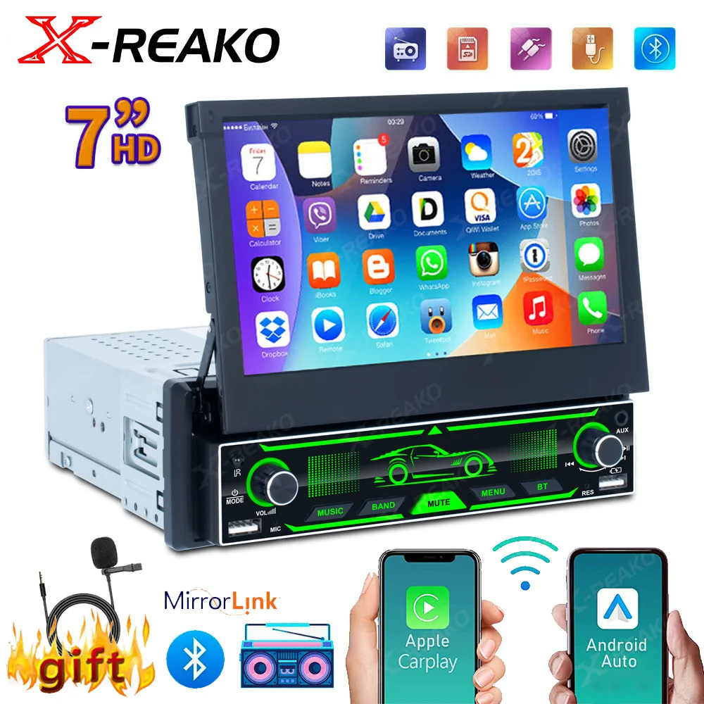 X-REAKO 1 Din Car Radio Carplay Android-Auto 7" HD Retractable Screen ...