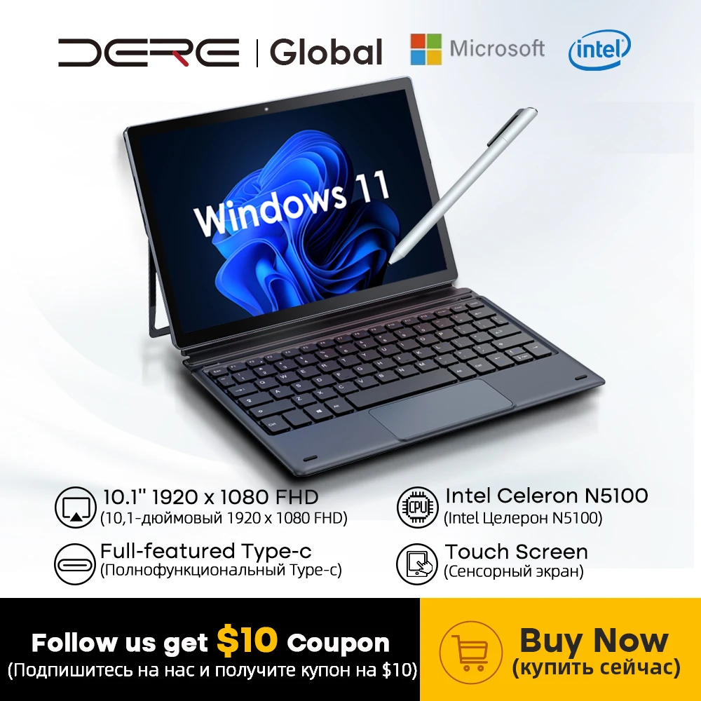 Dere D10 Tablet Laptop 10.1 Inch 2 In 1 Intel Celeron N5100 8gb Ram ...