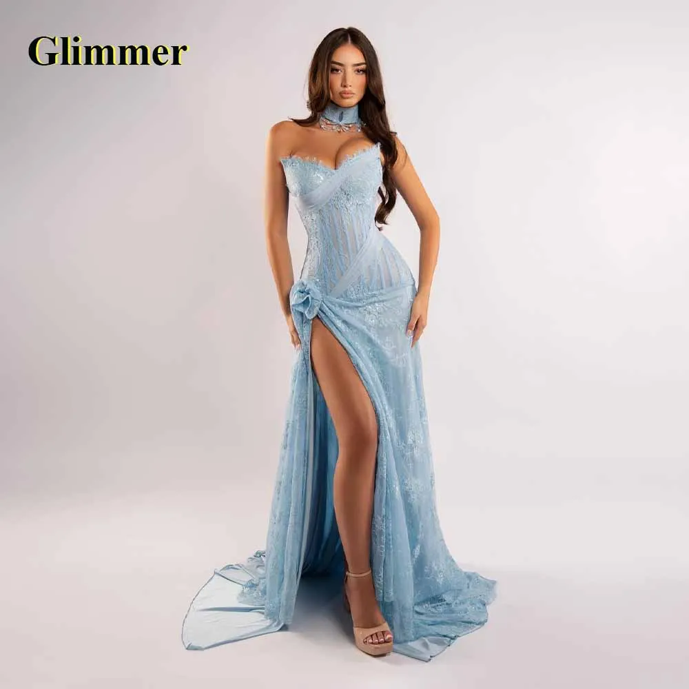 Glimmer Chic Trumpet Celebrity Dresses with High Slit Appliques ...