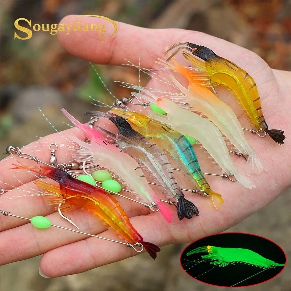 Sougayilang-Soft-Fishing-Luminous-Shrimp-Lure-with-Hook-Swivel-Beads-Artificial-Silicone-Glow ...