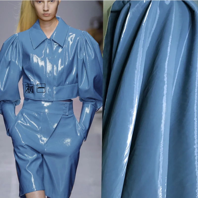 Sky Blue Bright Coating Washed PU Leather Fabric Jacket Pants Clothing ...