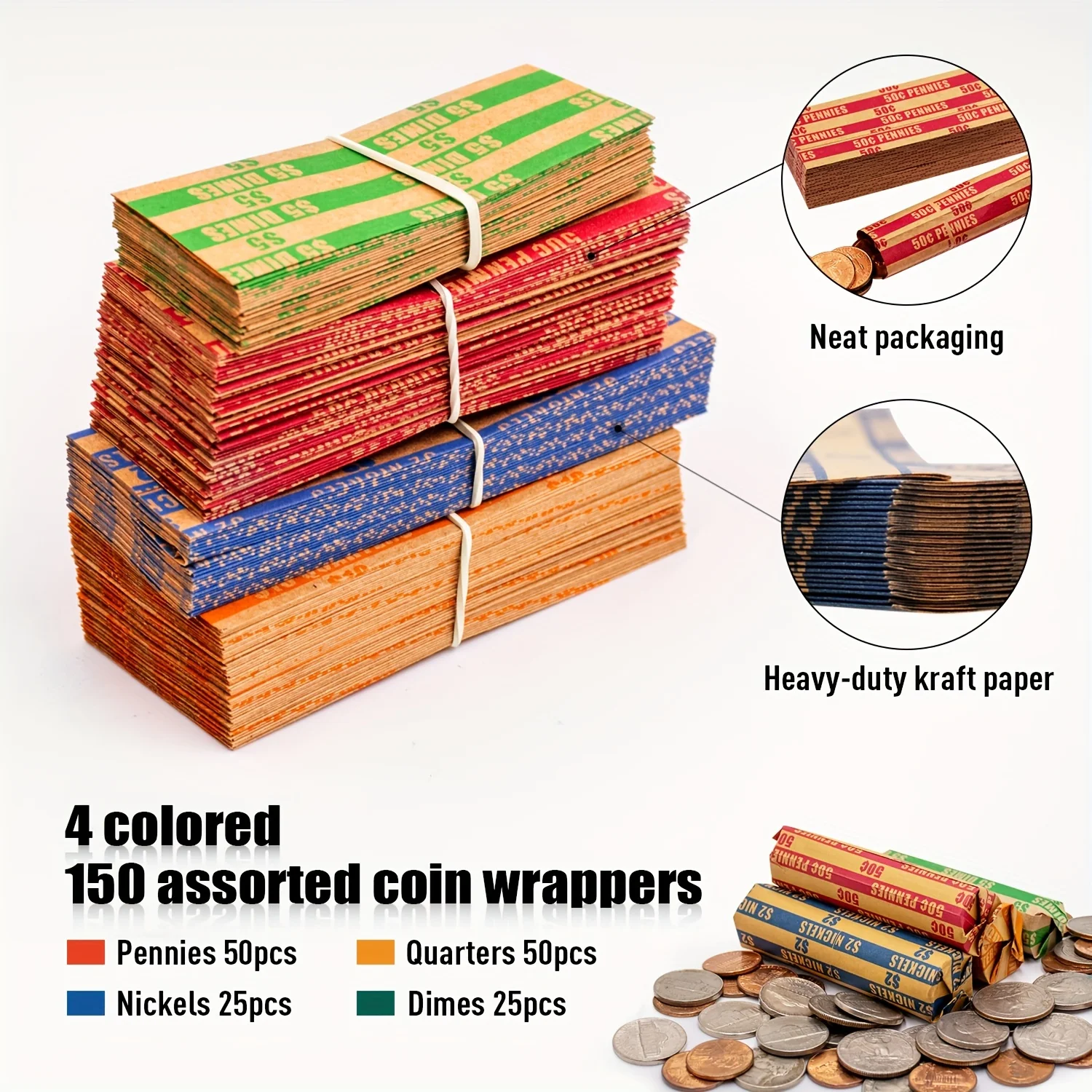 150pcs-Assorted-ABA-Standards-Color-Flat-Striped-Coin-Wrappers-Quarters ...