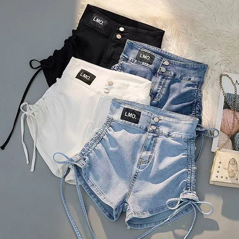 Women-Chic-Drawstring-Pleated-Denim-Shorts-High-Waist-A-line-Jean ...