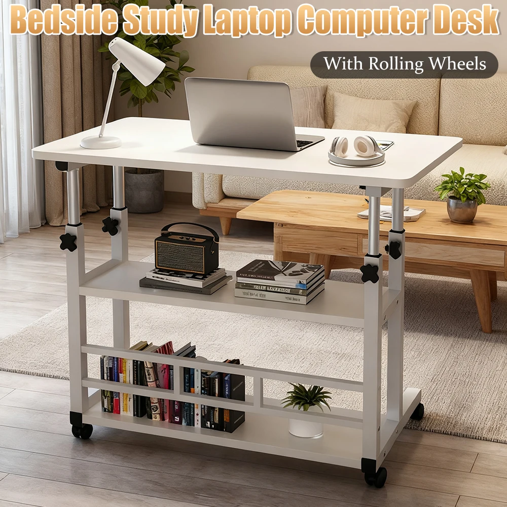 Adjustable Laptop Desk with Rolling Wheels Mobile Bedside Study Table ...
