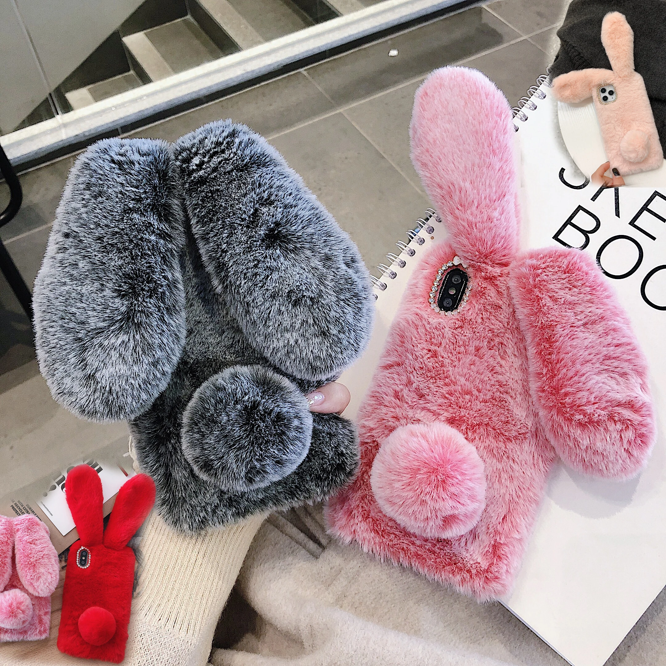 Rabbit Hair Plush Case For IPhone SE 12 11 13 14 15 Pro X XS Max XR 6 7 ...