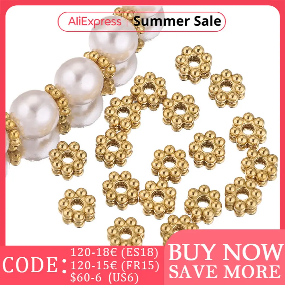 50pcs Stainless Steel Daisy Snowflake Flower Spacer Beads Gold Plated ...