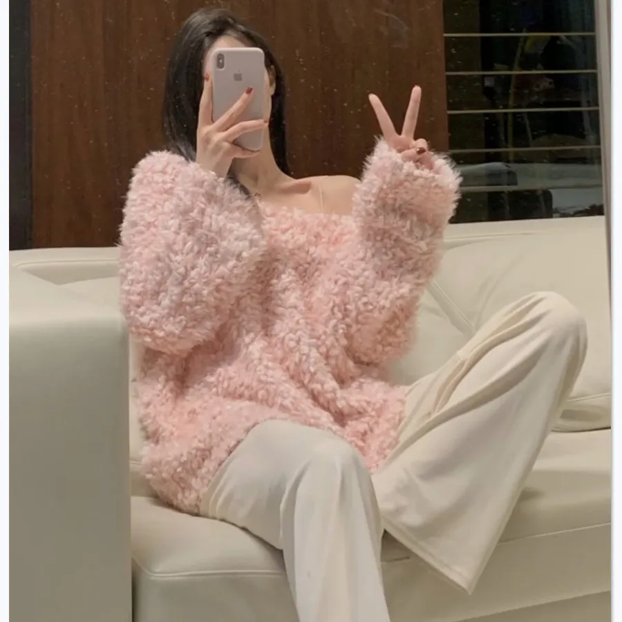 Women-s-Off-the-Shoulder-Long-Sleeve-Sweater-Gentle-Idle-Sle-Pink ...