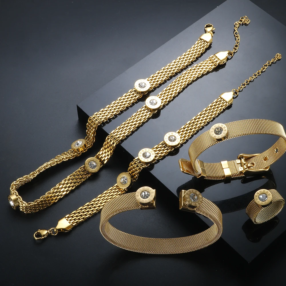 Gold Color Jewelry Set for Women Men Stainless Steel Ring Bracelet ...