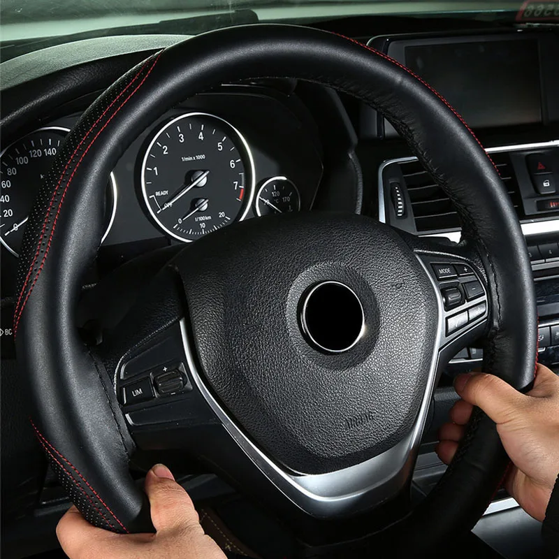 38CM-Top-Layer-Cowhide-Leather-Car-Steering-Wheel-Cover-Braiding-Non ...