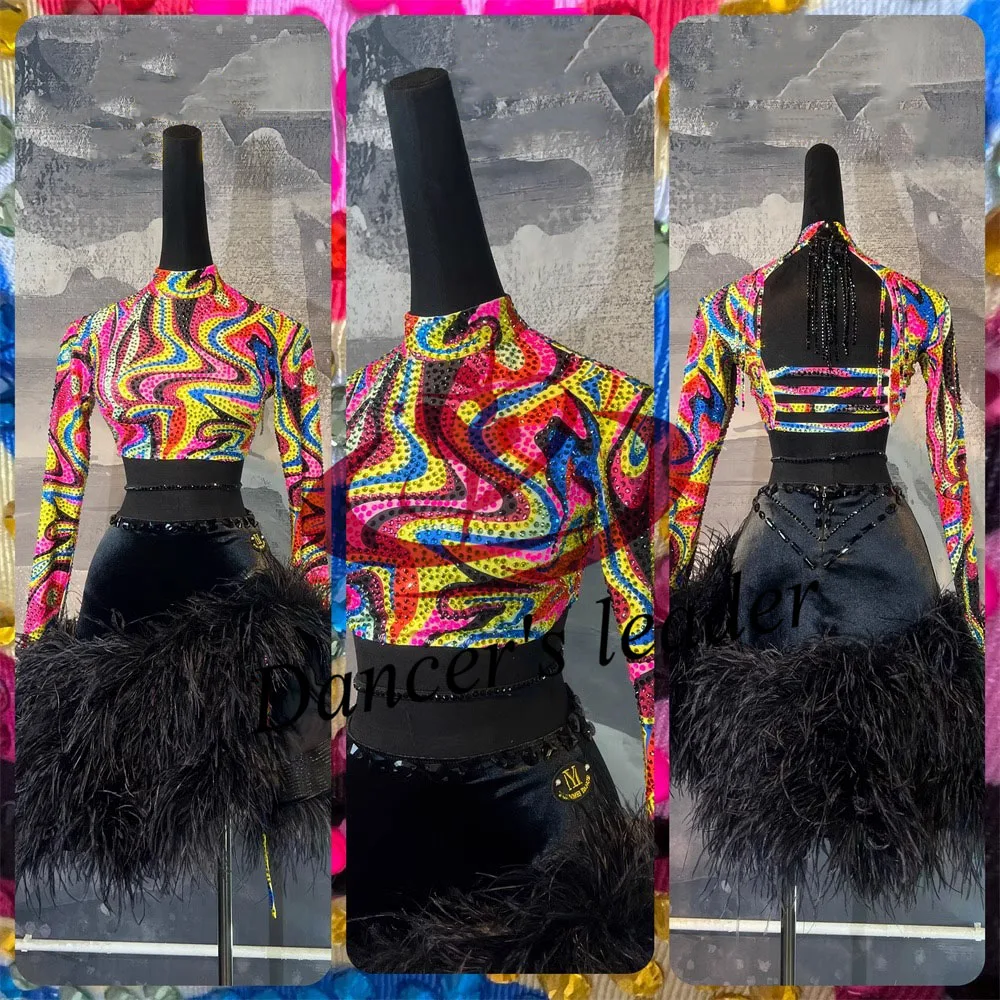 Latin-Dance-Dress-High-end-Custom-Rainbow-Color-With-Diamond-Fluff ...