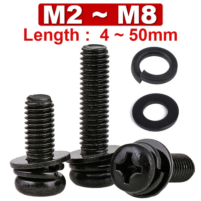 M2 M3 M4 M5 M6M8 Black Zinc Plated Phillips Round Head Screws with Flat ...