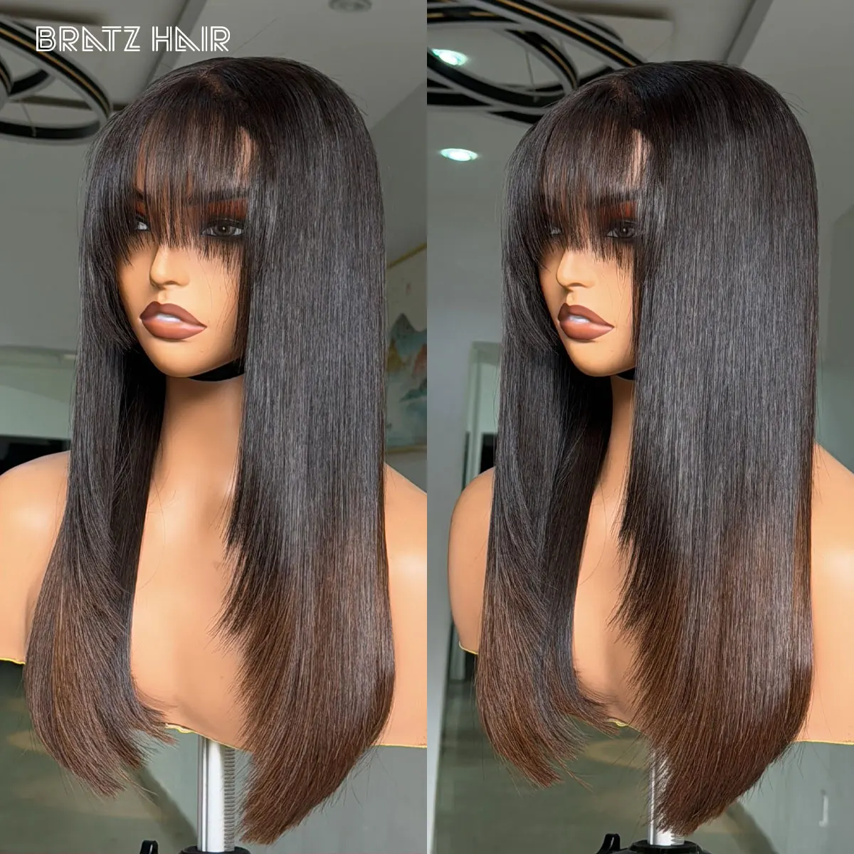 Super Double Drawn 4x4 Lace Closure Fringe Layered Bob Wig Human Hair ...