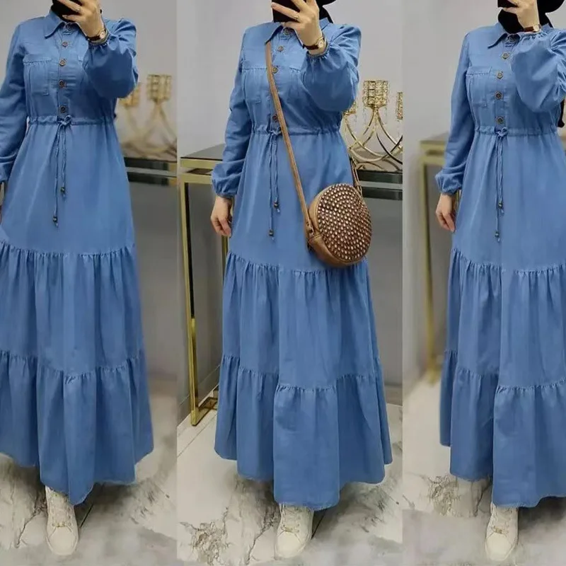 Elegant Denim Dress Single-breasted Dubai Turkey Kaftan Muslim Turn ...