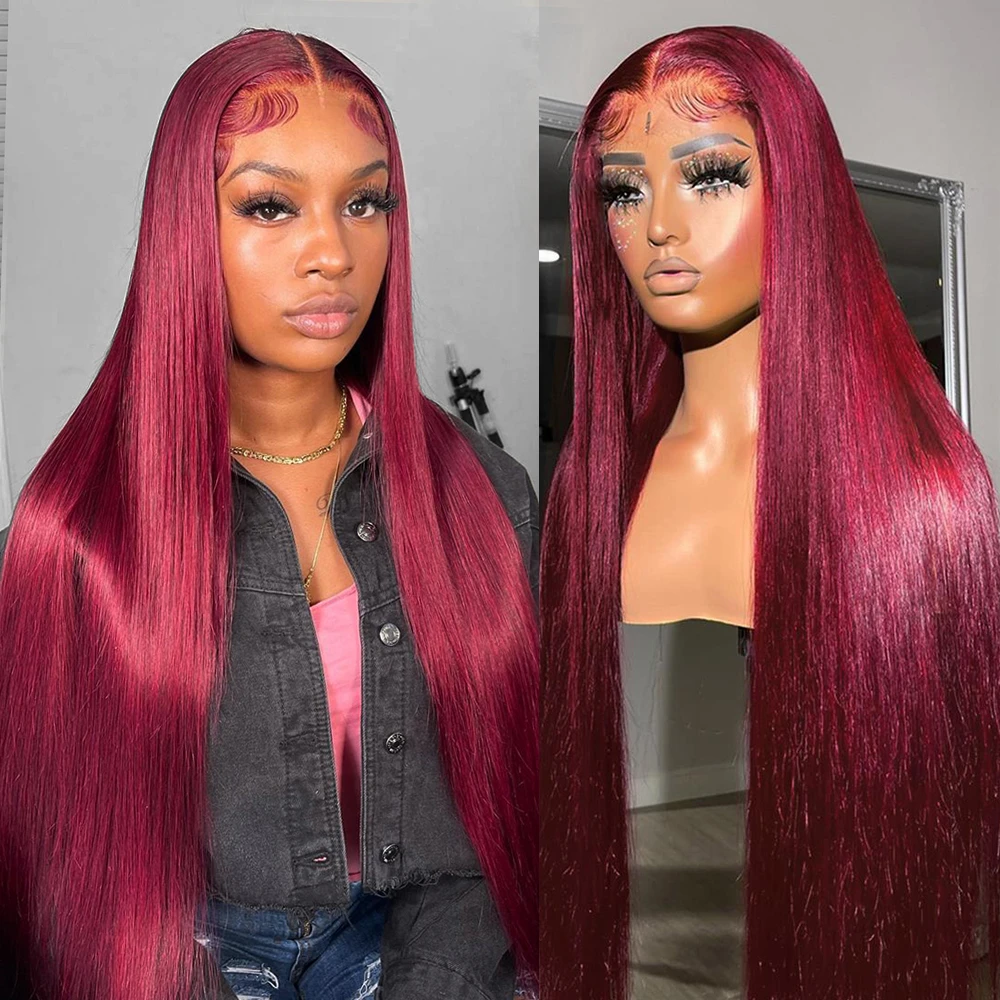 Burgundy Red 13x6 Lace Front Human Hair Wigs 99J Colored Straight 13x4 ...