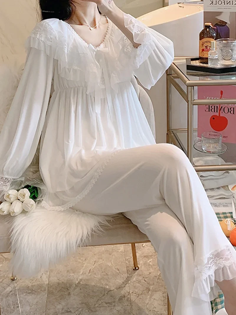 Women-Female-Fairy-Ruffles-Modal-Lace-Victorian-Pajamas-Loungewear-Two ...