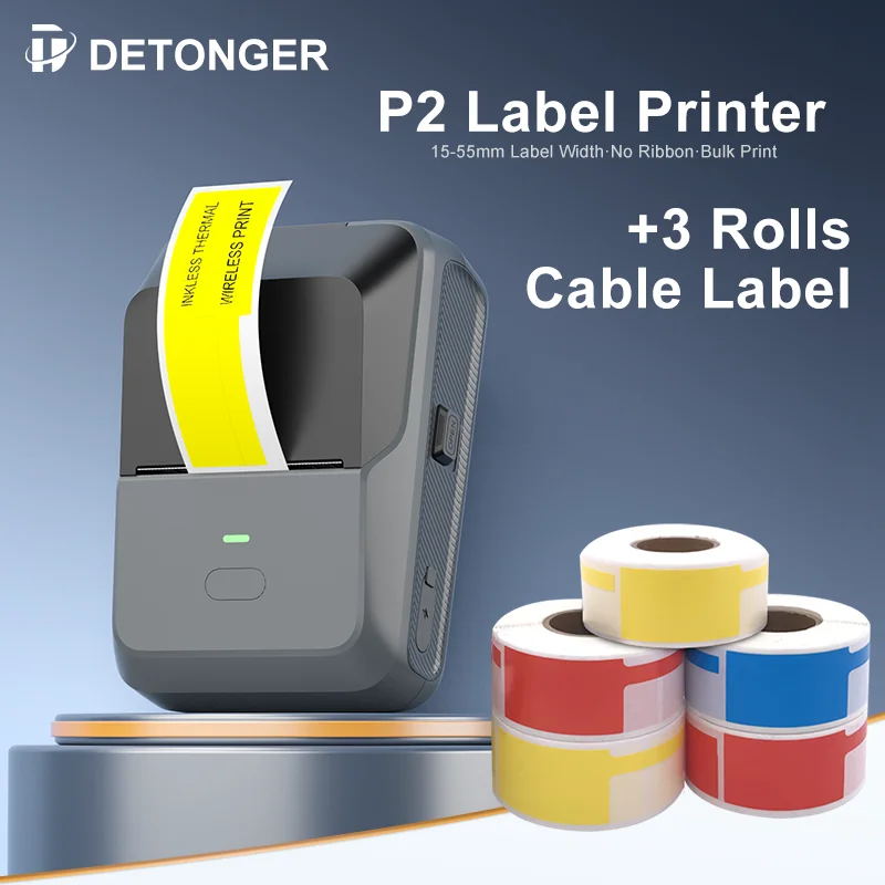 DETONGER P2 Mini Thermal Printer Plus 3 Rolls Cable Label Portable ...