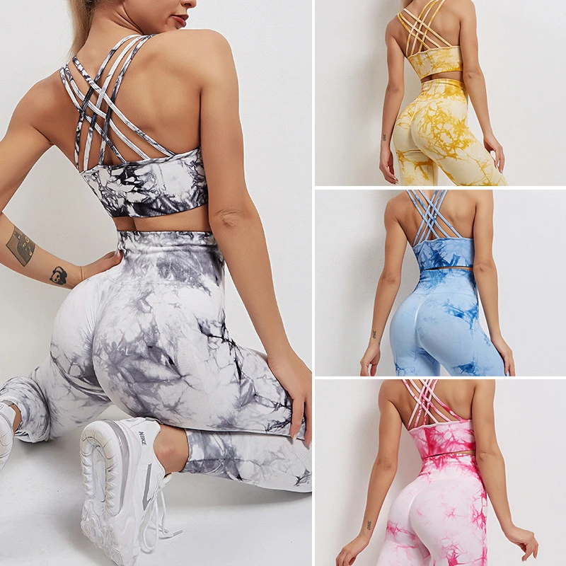 Seamless Tie Dyed Yoga Sets Sports Fitness High Waist Hip Raise Pants Cutout Bra Suit Workout ...