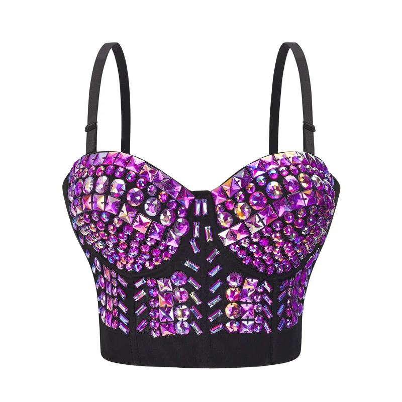 Purple Sexy Rock Punk Bra Diamond & Pearl Decoration Push Up Bralette ...