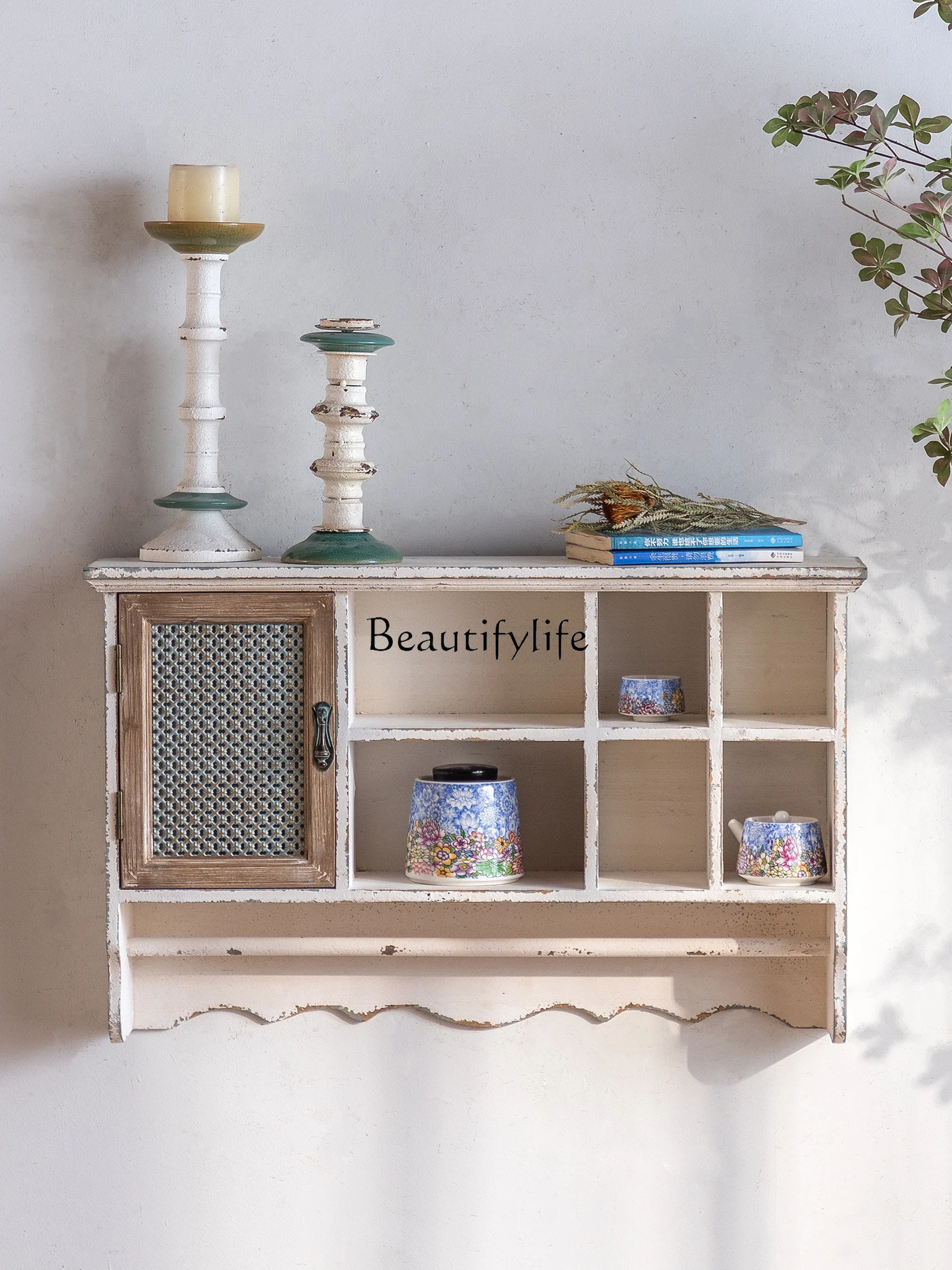 Solid-Wood-Iron-Closet-Multi-Grid-Wall-Locker-with-Door-Living-Room-and ...