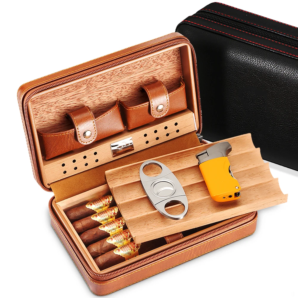 Portable Humidor Cigar Box Travel Cigar Case Leather Cedar Wood Cigar ...