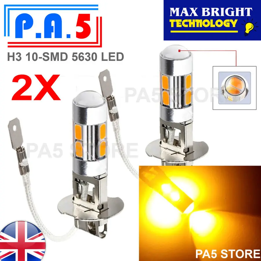 2x-YELLOW-H3-5630-SMD-10-LED-Bulbs-AMBER-Car-Fog-Light-Lamp-12V-Quality ...